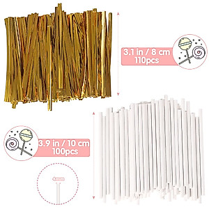 100pcs Small Cake Pop Bags with 100pcs Paper Lollipop Sticks and 110pcs Gold Twist Ties, Clear Cellophane Treat Wrappers and Sucker Sticks Kit