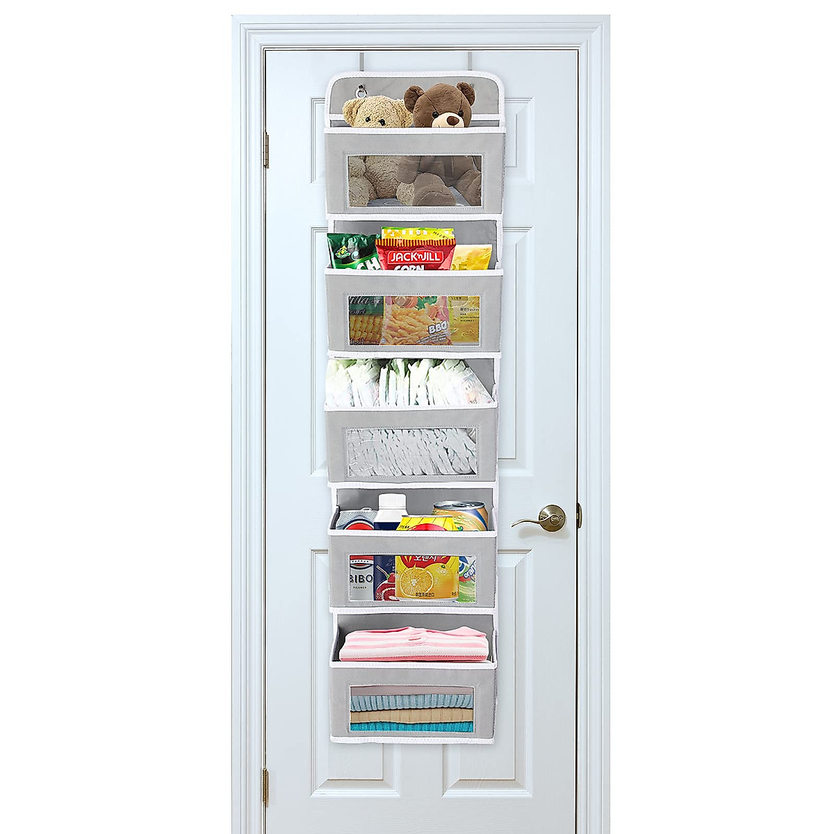 sysucpion Over The Door Hanging Organizer Storage with 5 Clear Window Large Capacity Pocket and 2 Metal Hooks for Pantry,Closet,Bathroom,Kitchen,Nursery,Dorm