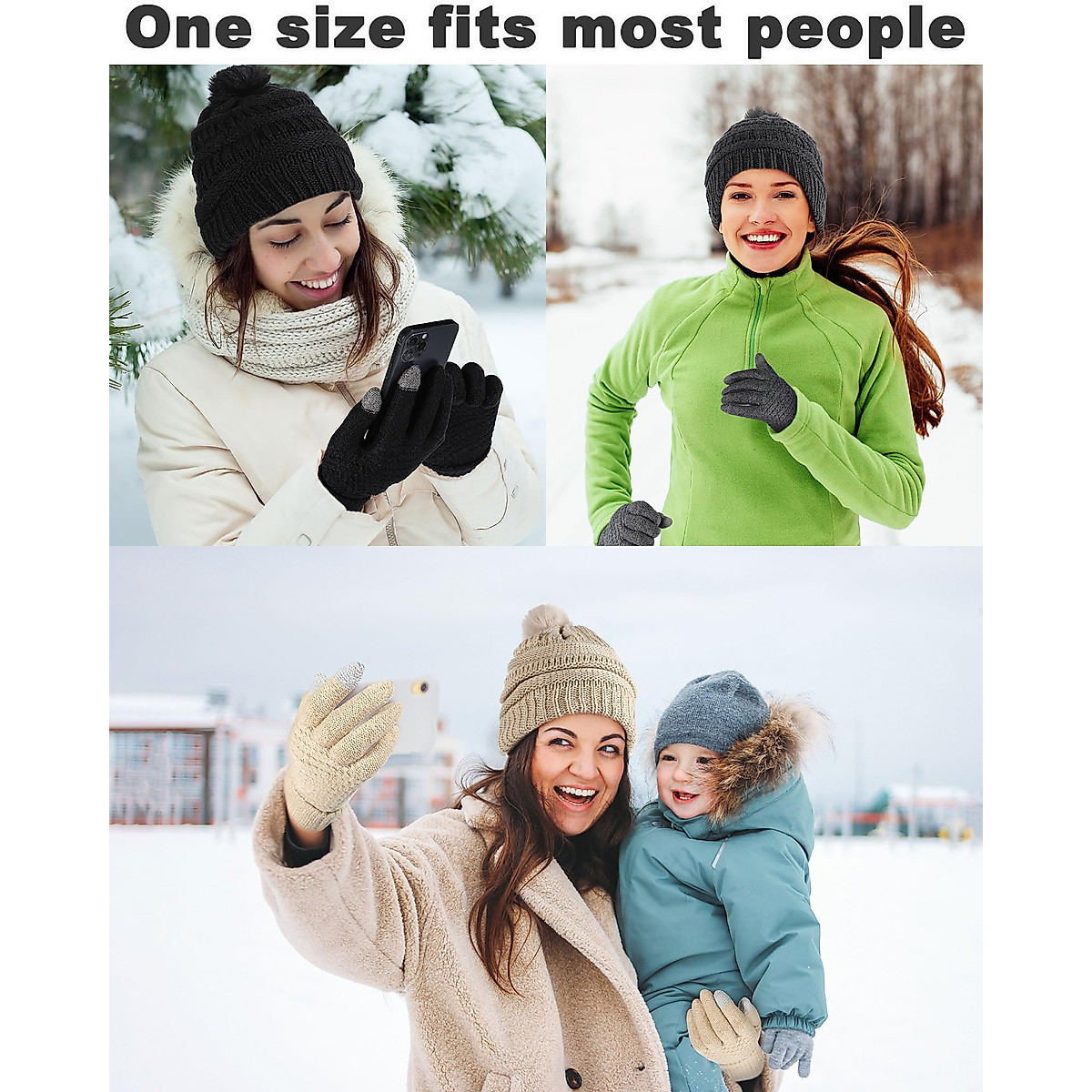 Suhine 8 Pcs Winter Beanie Hat and Gloves Set for Women Pompom Beanie Hat Fleece Lined Hats with Women Touchscreen Gloves, 4 Colors