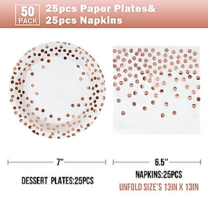 CENLBJ White and Rose Gold Paper Plates and Napkins-50 Pack-25 * 7inch Paper Plates & 25 * 6.5inch Napkins,Party Supplies for Birthdays Receptions and All Occasions
