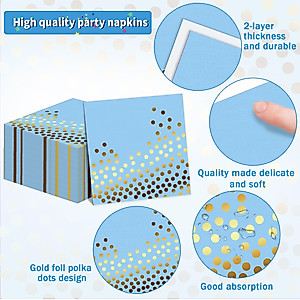 Blue Gold Party Supplies Foil Polka Dots Disposable Tableware Set Serves 24 Guests Star Foil Balloons Tablecloths Pennant Banners Plates for Birthday Wedding Baby Shower Party Graduation Decorations