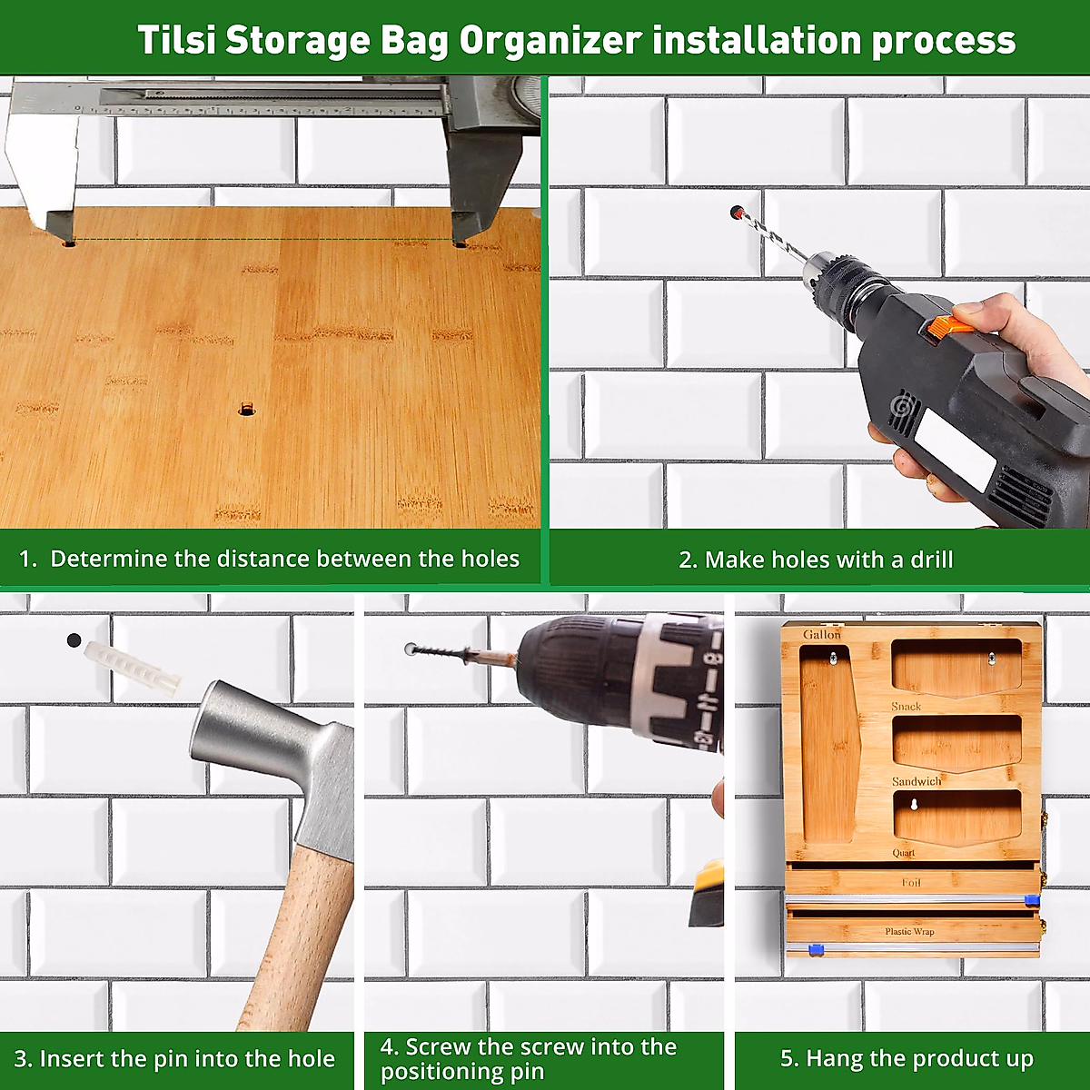 TILSI Storage Bag Organizer, Plastic Wrap Organizer and Dispenser with Cutter for Kitchen, Compatible with Gallon, Quart, Sandwich and Snack Variety Size Bag