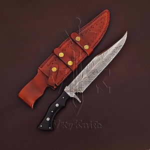 JNR Traders Damascus Bowie Knife with Sheath Full Tang, 15 In Handmade Fixed Blade Hunting Knife with Sheath, Feather Pattern Large Bowie Knife -2083