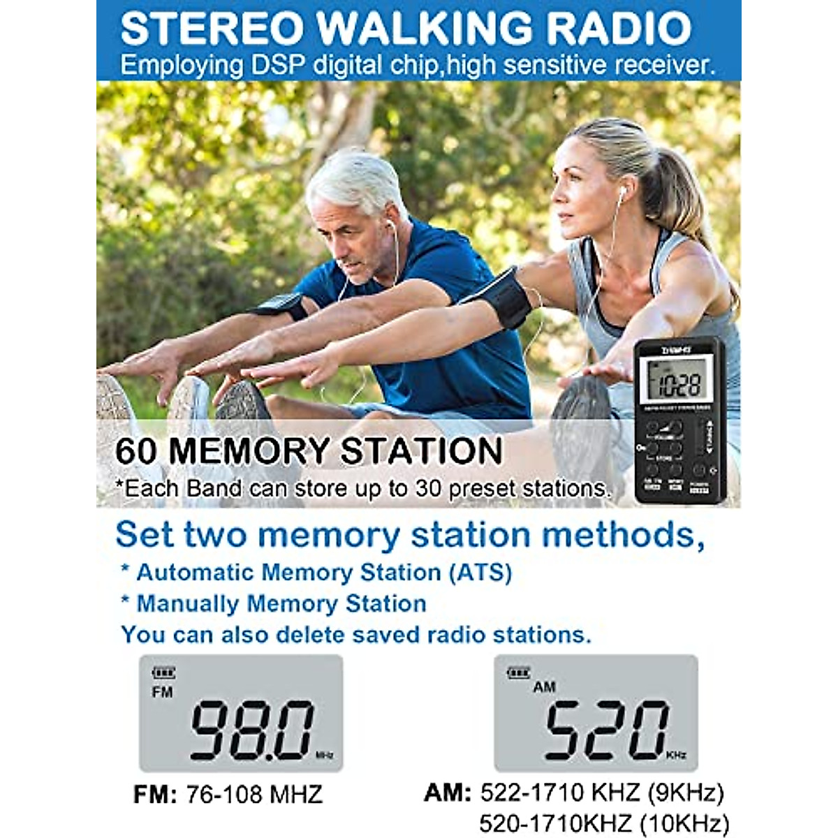 ZHIWHIS Portable Radio, AM FM Receiver with Sleep Timer, Rechargeable Stereo Radios with Digital Clock, DSP Tuner with Preset Function Pocket Walkmen for Walking Travel