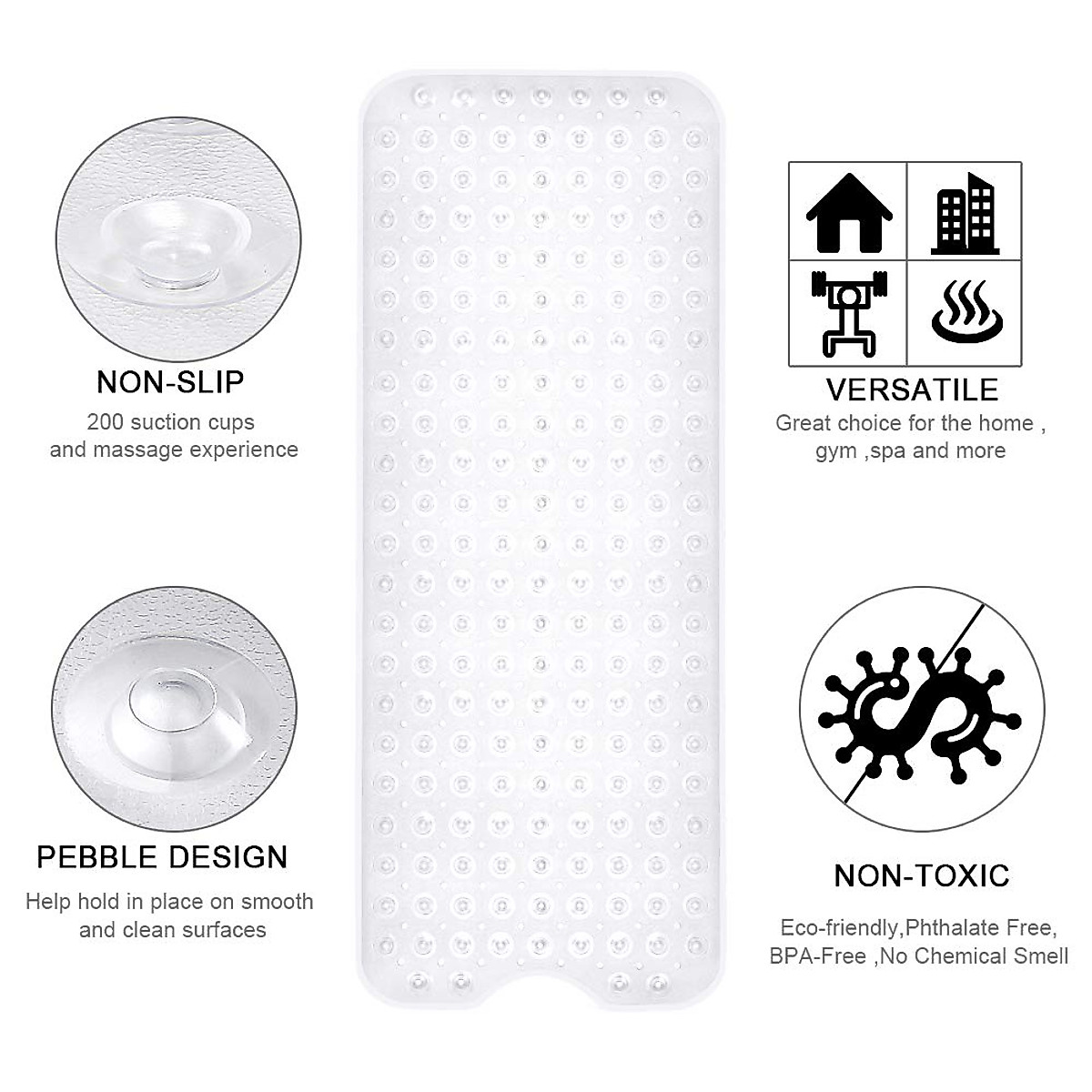 YINENN Bath Tub Shower Safety Mat 40 x 16 Inch Non-Slip and Extra Large, Bathtub Mat with Suction Cups, Machine Washable Bathroom Mats with Drain Holes, Clear