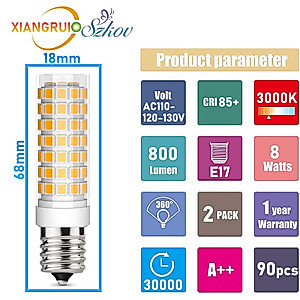 E17 LED Bulb Dimmable 8W Consumption 80W Equiavlent Halogen Bubs,800LM,AC 110-130V,CRI:≧85Ra,S11 T8 T7 E17 Intermediate Base Bulbs,for Ceiling Fan,Microwave Oven Lighting,2-Pack (Wram White 3000K)