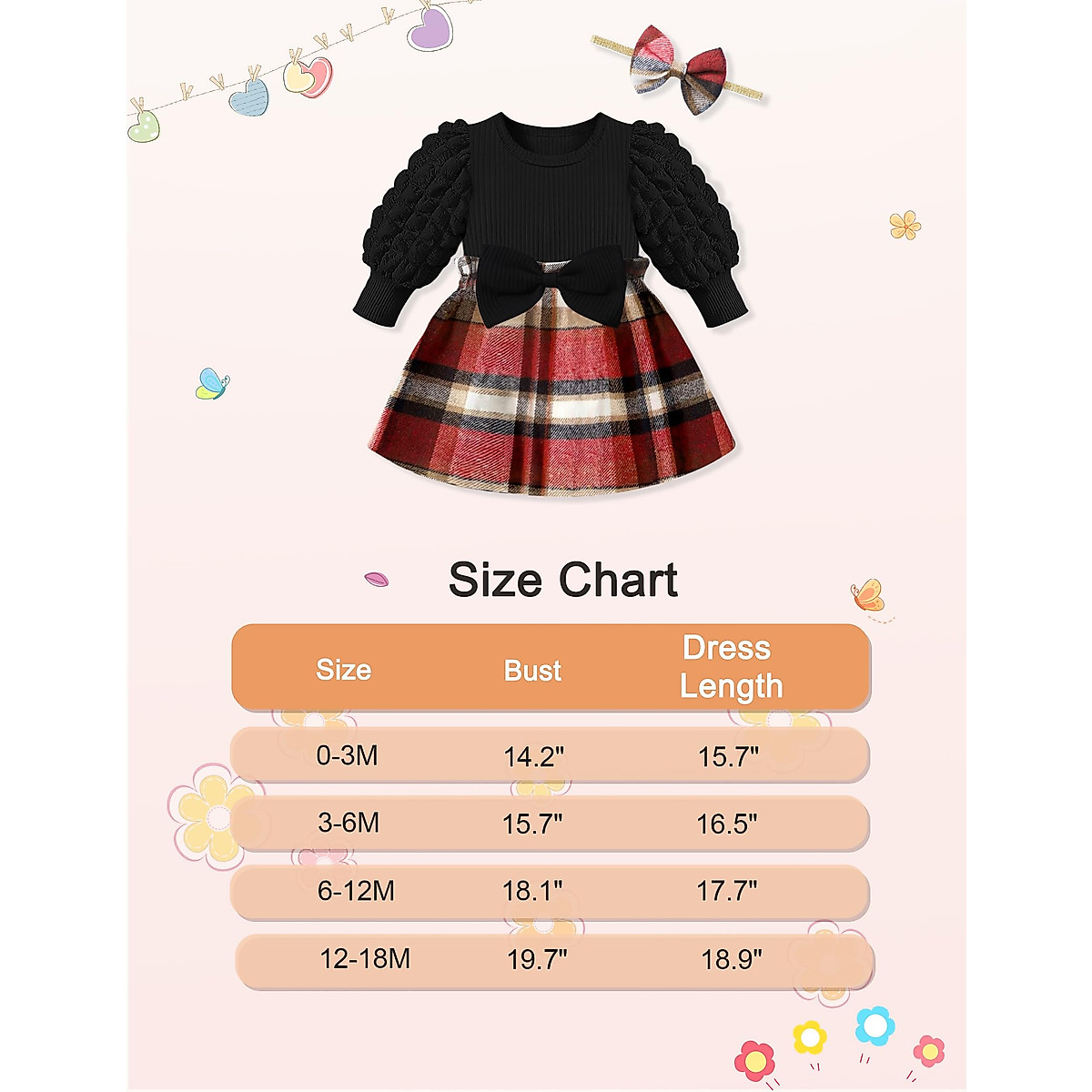 Qaoerde Baby Girl Dresses 12-18 Months Baby Girl Dress Puff Sleeve Red Plaid Dress Ribbed Baby Girls' Dresses Baby Dresses 12-18 Months Baby Girl Fall Dress Baby Girl Winter Dress Christmas Outfit