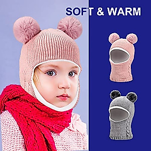 Bencailor Baby Winter Hat Scarf Set Toddler Kids Fleece Lining Beanie Snow Unisex Hood Infant Toddler Kids Hat Scarf for Girls Boys(Pink, Gray,2 Pieces)