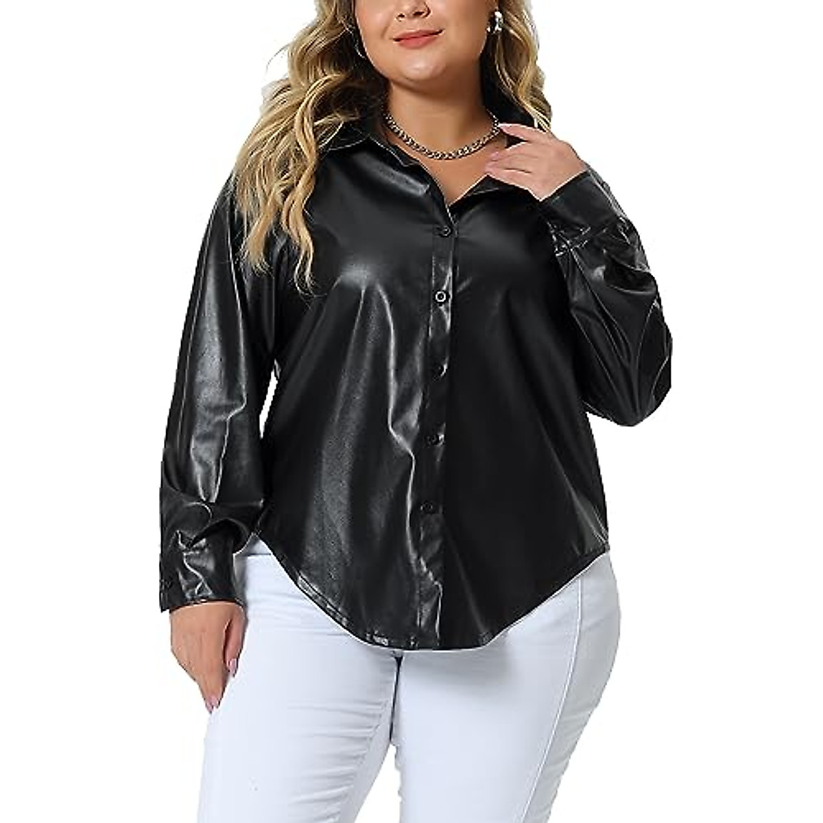 Agnes Orinda Plus Size Faux Leather Jacket Shacket for Women Motorcycle Biker Button Down Shirts 2X Black