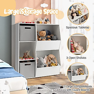 Costzon 5 Cubbies Kids Toy Storage Organizer with Bookcase, Children Bookshelf and Toy Storage Bins for Toddlers, Wooden Storage Cabinet for Play Room Living Room Nursery Daycare (White & Gray)