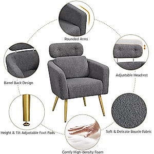 Yaheetech Accent Chair, Cozy Living Room Chair Adjustable Headrest, Boucle Vanity Chair Lumbar Pillow Golden Legs, Modern Armchair Bedroom, Dark Gray
