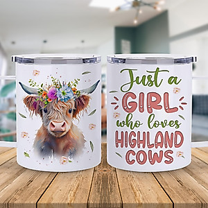 Hyturtle Cow Cup Gifts Highland Cow Lover, Just A Girl Who Loves Highland Cows Coffee Mug Stainless Steel 12oz, Cow Gifts For Women, Farm Animal Lover Gift For Girls, Daughter On Birthday Christmas