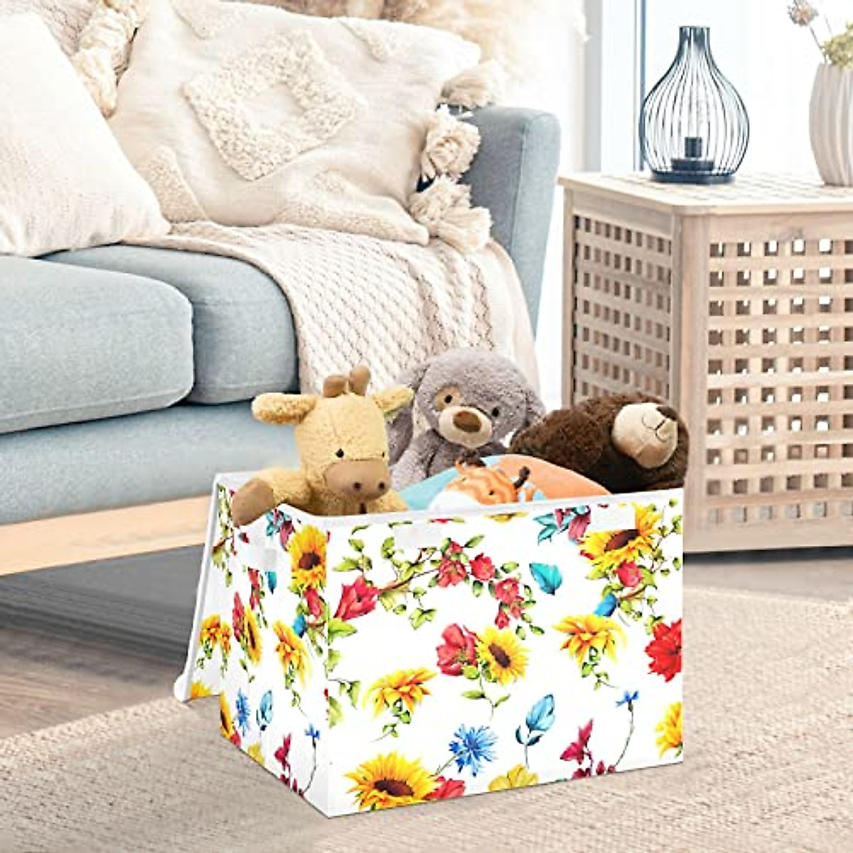 Sunflowers Pomegranate Storage Bins with Lids for Organizing Lidded Home Storage Bins with Handles Oxford Cloth Storage Cube Box for Bed Room