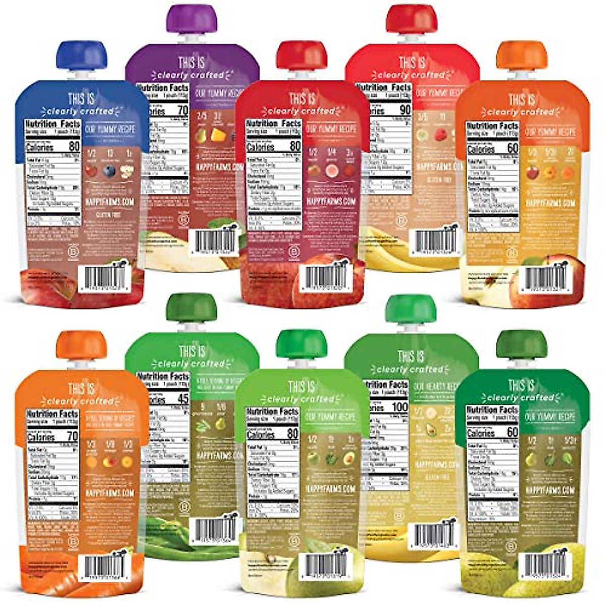 Happy Baby Organics Stage 2 Baby Food Pouches, Gluten Free, Vegan & Healthy Snack, Clearly Crafted Fruit & Veggie Puree, Fruit & Veggie Variety Pack, 4 Ounces (Pack of 10)