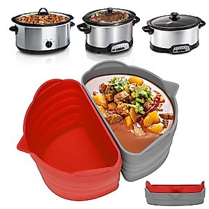 MMH Slow Cooker Divider Liner Fit for Crockpot & Hamilton Beach 6-7 Quart, Silicone Crock Pot Cooking Liners Inserts | Reusable & Leakproof | BPA Free | Dishwasher Safe | Red+Gray