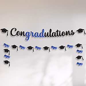 KatchOn, Glitter Congratulations Banner - 10 Feet | Pre- Strung Congrats Grad Banner | Black and Blue Graduation Decorations Class of 2024 | Graduation Cap Garland for Congratulations Decorations