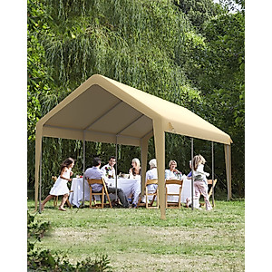 DEXSO Carport 10'x20' Heavy Duty Canopy, 1.0 mm Steel Poles & 14 mil PE Tarp, with Front & Rear Doors, 2 Side Doors, and 4 Windows Screen, Portable Garage for Pickup Truck, and Boat, Khaki