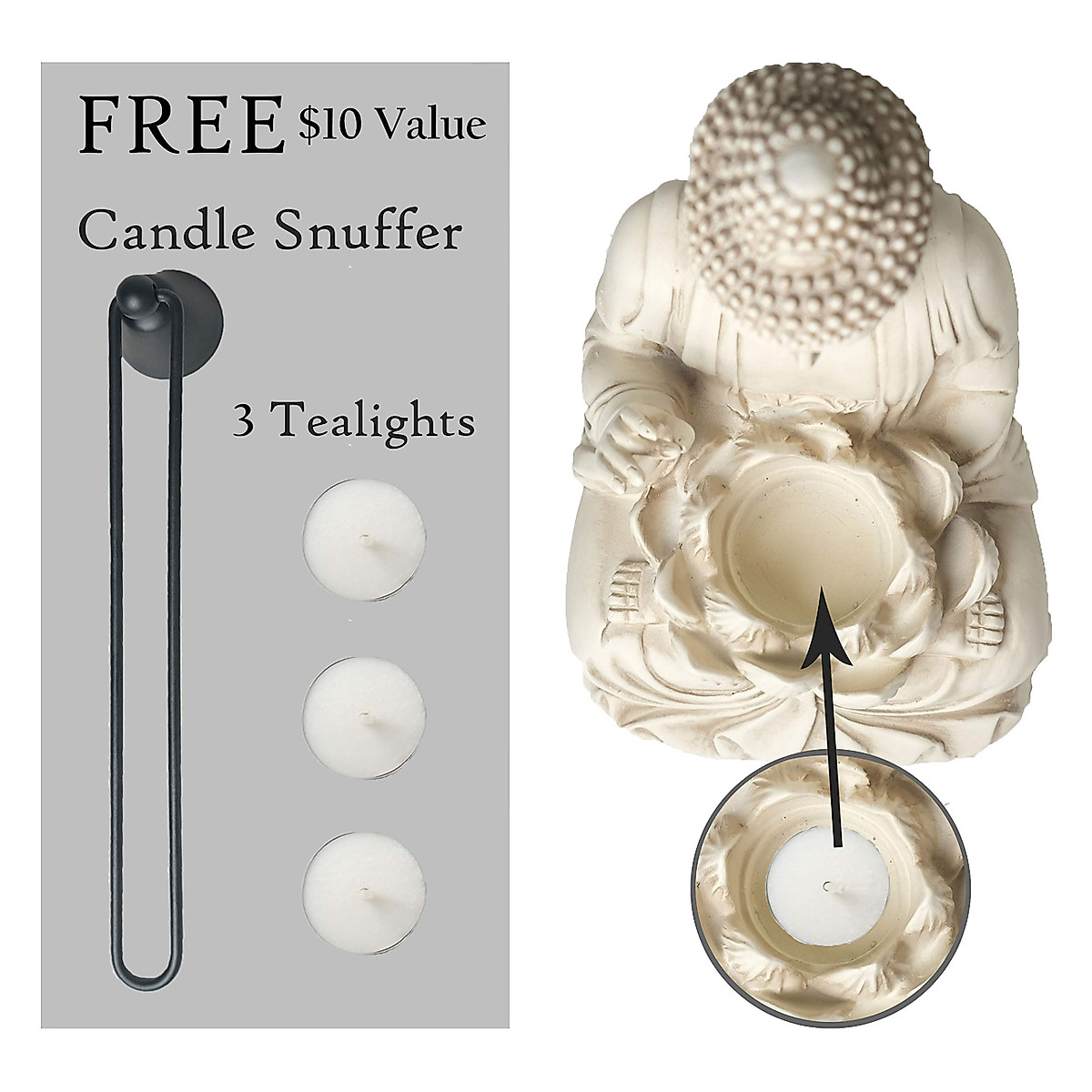 Bella Haus Design Buddha Tealight Candle Holder Statue – 8.5” Tall Polyresin - Zen Home and Garden Decor - Includes 3pcs Tea Lights and Free Candle Snuffer for Office, Indoor, Outdoor Decoration