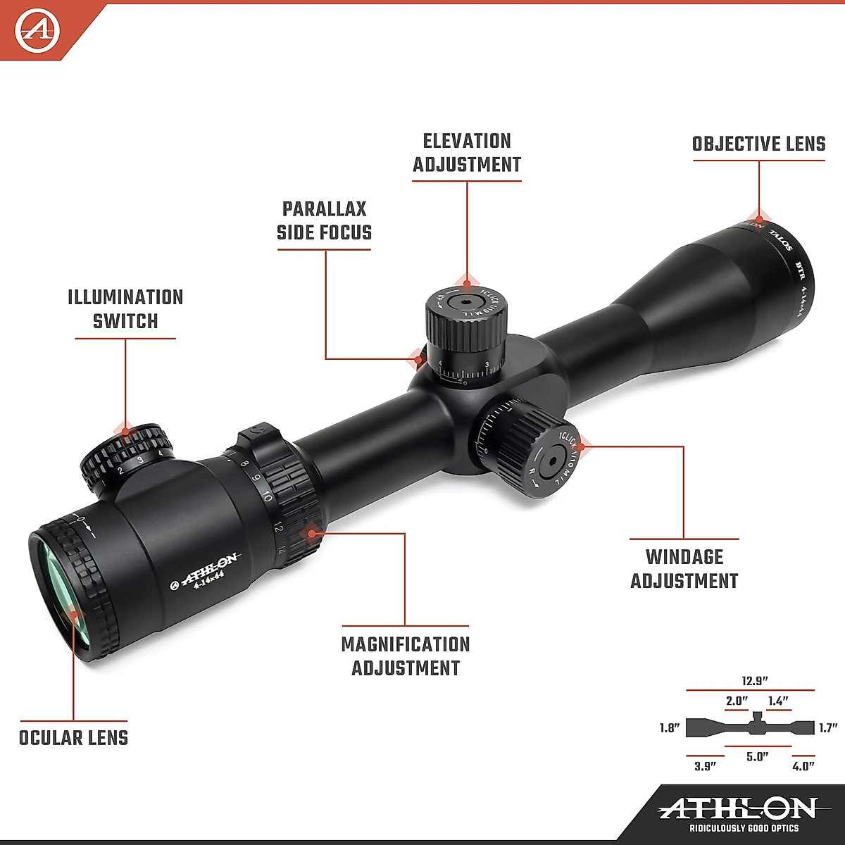 Athlon Optics Talos BTR 4-14x44 First Focal Plane Riflescope, APLR2 FFP IR MIL Reticle, Black