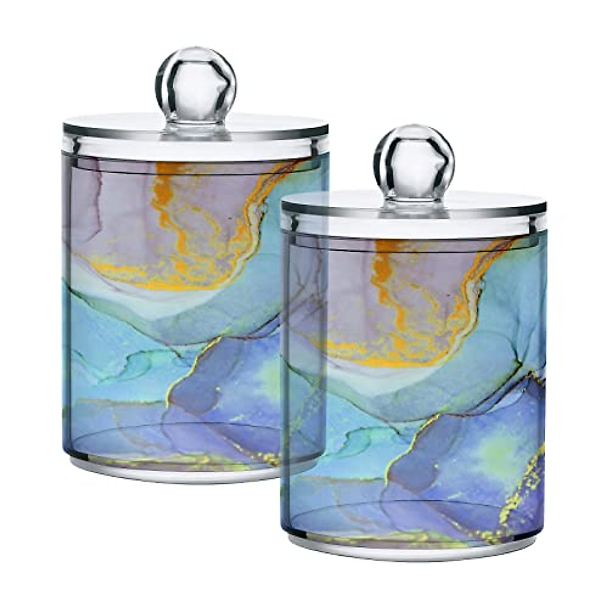 2 Pack Qtip Holder Organizer Dispenser Color Abstract Painting Marble Bathroom Storage Canister Cotton Ball Holder Bathroom Containers for Cotton Swabs/Pads/Floss