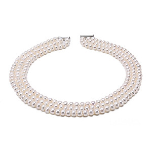 Womens 3-row 8-9mm Flatly-round Freshwater Cultured Pearl Necklace 16"