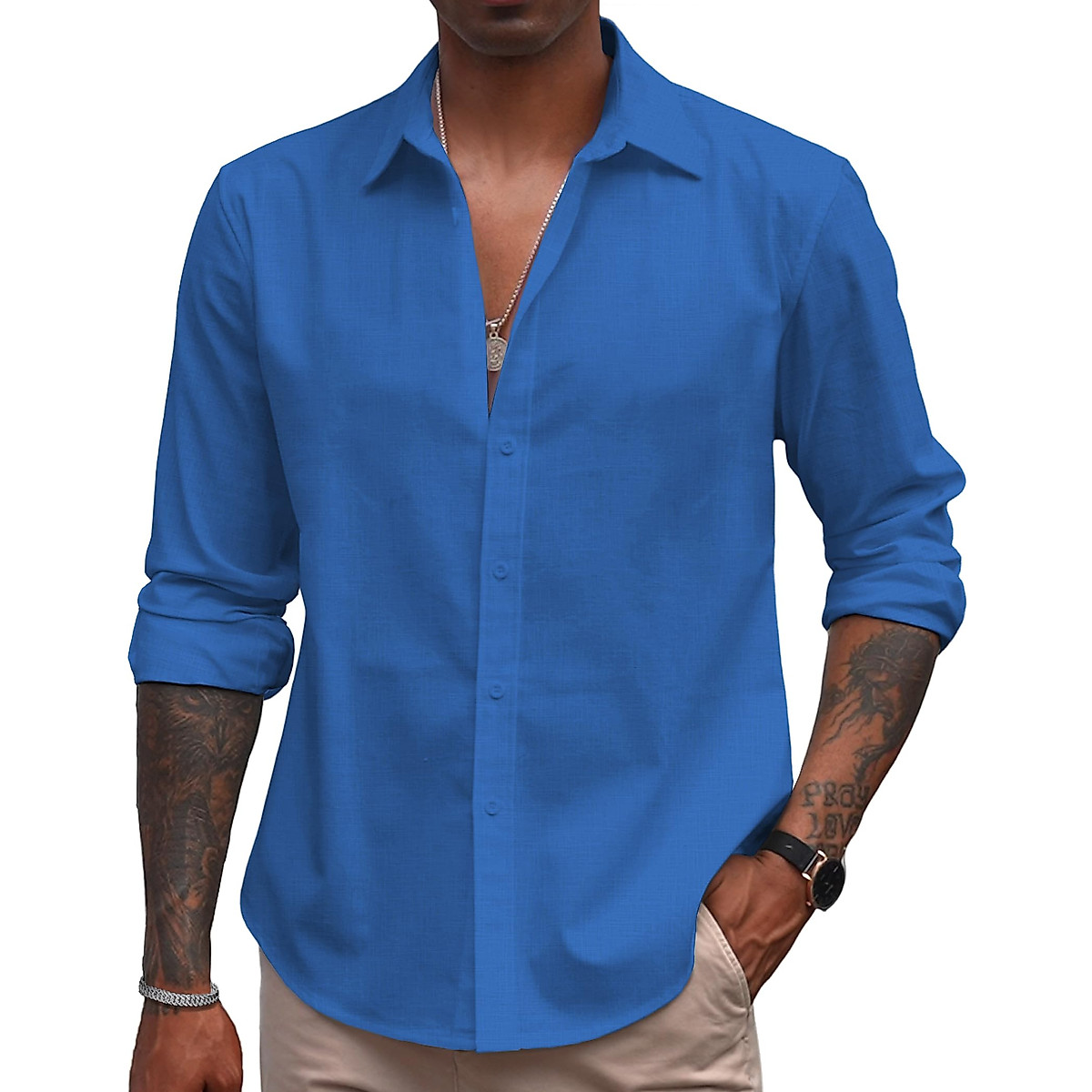 COOFANDY Men's Long Sleeve Linen Button Down Business Shirt Dress Casual Untucked Shirts