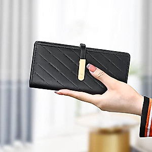 CornerLife Womens Slim Wallet Bifold with Letter Print Credit Card Holder with Zipper Pocket PU Leather Wallets for Women with Snap Closure (Black)