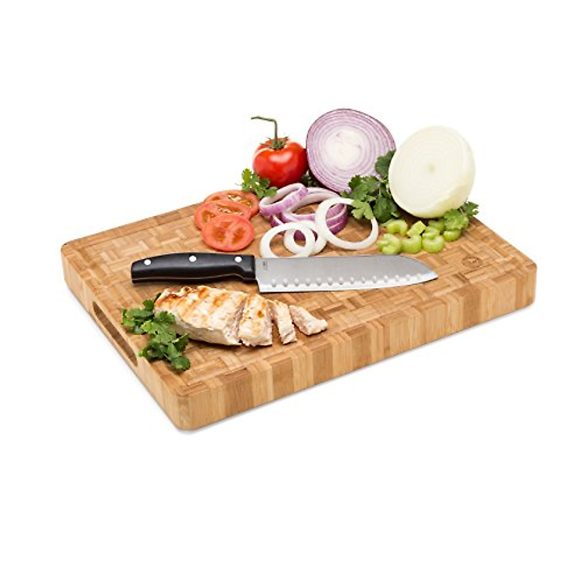 End Grain Wood Bamboo Cutting Board for Kitchen, Commercial Use - Extra Large, Thick Butcher Block with Juice Groove, Handles, and Non-Slip Feet for Chopping Veggies, Carving Meat, Bread and Cheese