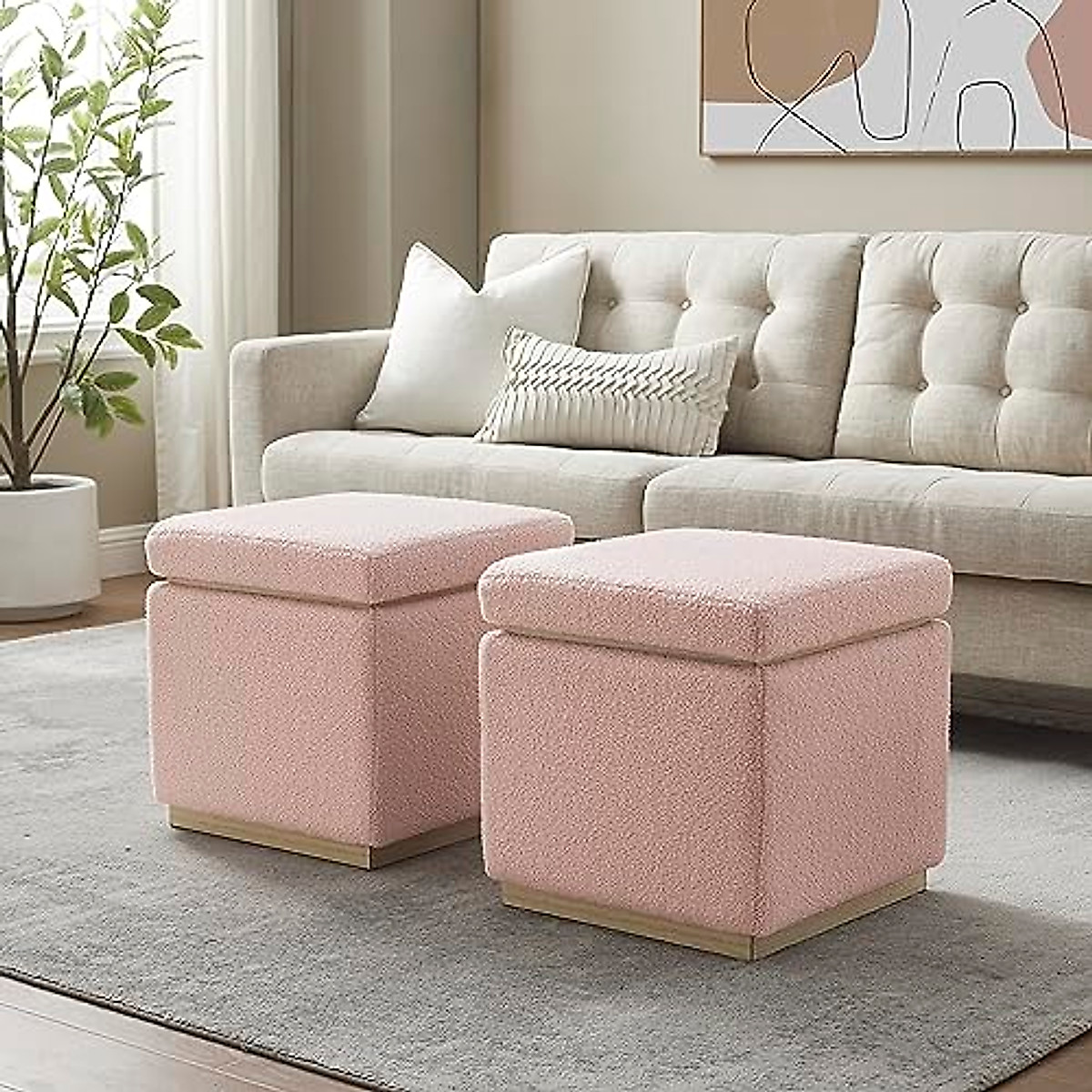 Linon Blush Sherpa Lexington Upholstered Square Storage Ottoman with Pine Wood Accent