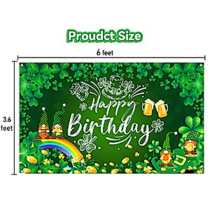 Ushinemi St Patricks Day Birthday Decorations, St. Patrick's Day Happy Birthday Backdrop Banner, Lucky Clover Shamrock Gnome Birthday Party Background 6 x 3.6 ft