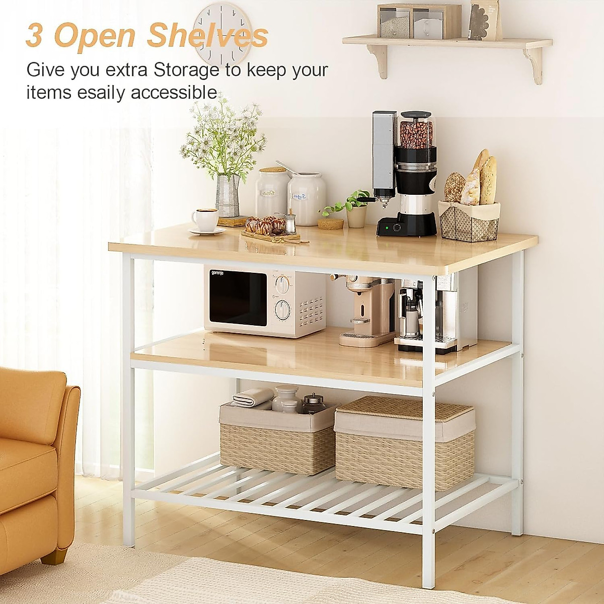 AWQM Island Table with Seating and Storage, Beige, 3 Shelves, Wooden Counter Height Table Top, 2-piece Bar Table Set for Small Space