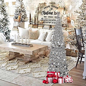 MACTING Christmas Pop up Tree with 50 LED Lights 5FT Silver Collapsible Easy-Assembly Coastal Glitter Tinsel Pencil Tree for Porch Apartment Corner Home Holiday Party Christmas Decorations