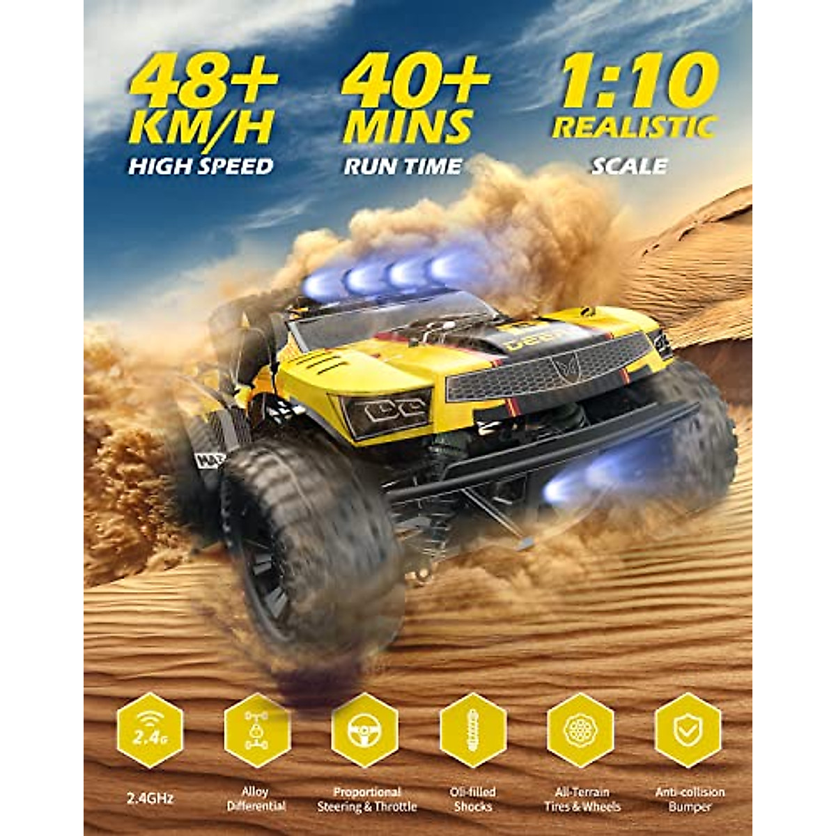 DEERC 9201E 1:10 Large Remote Control Truck with Lights, Fast Short Course RC Car, 48 km/h 4x4 Off-Road Hobby Grade Toy Monster Crawler Electric Vehicle with 2 Rechargeable Batteries for Adult Kid Boy