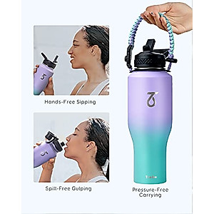 Trebo 40oz Insulated Water Bottle that Fits in Cup Holder, Stainless Steel Double Wall Tumbler Bottles with Paracord Handle, Flask with Straw Spout Lids, Keep Cold for 48 Hrs/Hot 24 Hrs,Cotton Candy