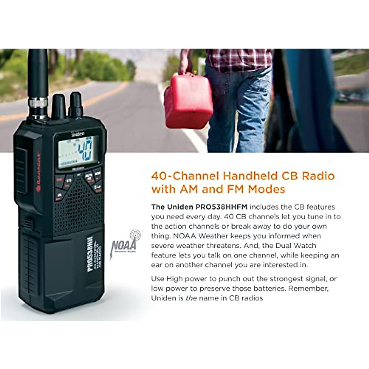 Uniden PRO538HHFM, “2 in 1” Dual Handheld/Mobile Emergency CB Radio with New FM Mode, Full 40 Channels, NOAA Weather Alerts, and Selectable 4-Watts HI/1-Watt Low Output Power.