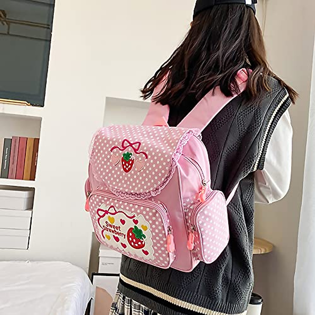 Lovemore Kawaii Embroidery Strawberry Backpack for Girl Teen Student School Bag Satchel Cute Pink Lace JK Backpack