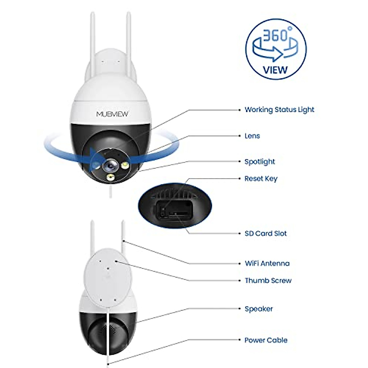 MUBVIEW 2K Security Camera Outdoor, Security Cameras with 360° PZT View, 2.4G WiFi Wired Home Surveillance Cameras, Color Night Vision, Motion Detection, Siren, 2 Way Talk, 24/7, Works with Alexa