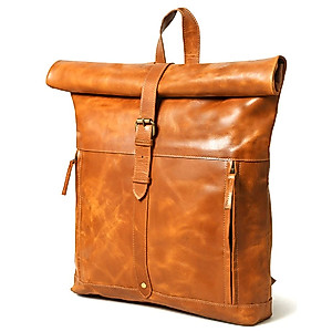 Gratlin Buffalo Leather Roll On Laptop Backpack 16 Inches | Vintage Genuine Leather Rucksack Backpack for Men & Women | Best Full Grain Tan Leather Backpacks Book Bag Knapsack for Travel Hiking Use