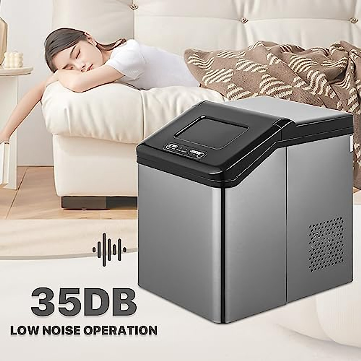 mollie Ice Machine Maker Countertop, 32 Ice Square Cubes Ready in 20 Mins, 33lbs/24 hrs, Self-Cleaning Ice Machine, 2 Size Ice Cubes for Kitchen Office Bar Party, 2.5L Water Tank