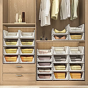 Pinkpum Stackable Plastic Storage Basket-Foldable Closet Organizers and Storage Bins 4 Pack-Drawer Shelf Storage Container for Wardrobe Cupboard Kitchen Bathroom Office 2S+2L