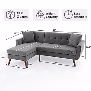Tbfit 80" W L Shaped Couch with Two Pillows, Mid-Century Modern Couches with Wooden Legs, L Shaped Sofa with Wide Lounge for Small Space, Button Tufted Gray Couch for Living Room and Bedroom, Gray
