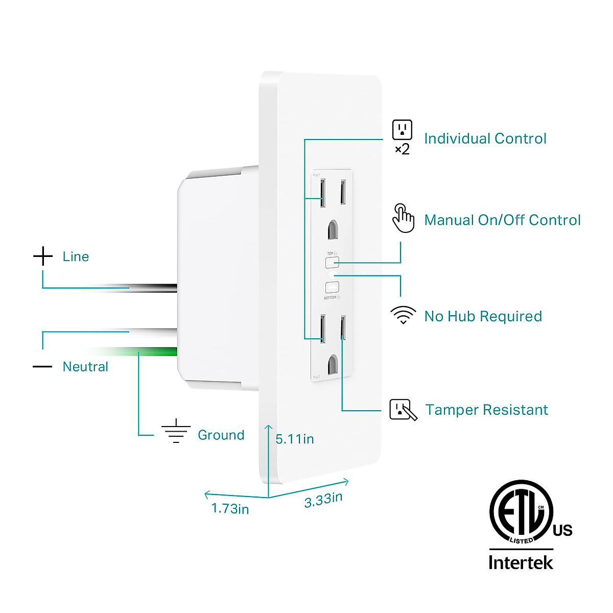 Kasa Smart Plug KP200, In-Wall Smart Home Wi-Fi Outlet Works with Alexa, Google Home & IFTTT, No Hub Required, Remote Control, ETL Certified , White, 1 Pack