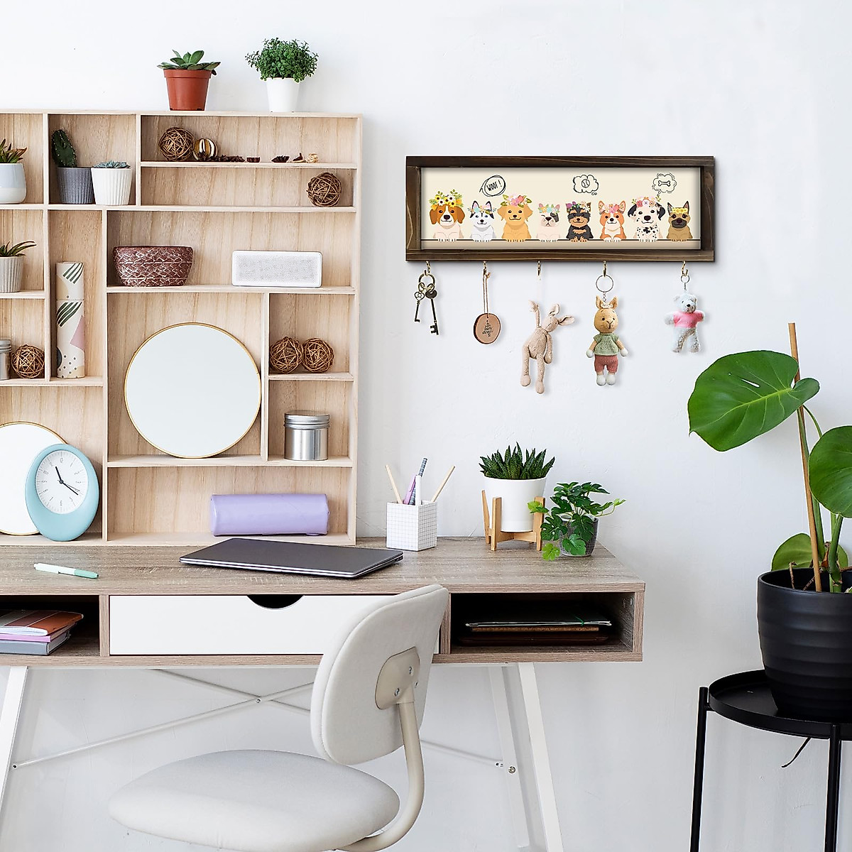 Kas Home Dog Wall Decor Wooden Key Holder Wall Mount with 5 Hooks, Cute Dog Wall Art Farmhouse Wood Key Rack Hanger for Entryway Hanging Wall Decorations (White - Dog, 5.5" x 16.5")