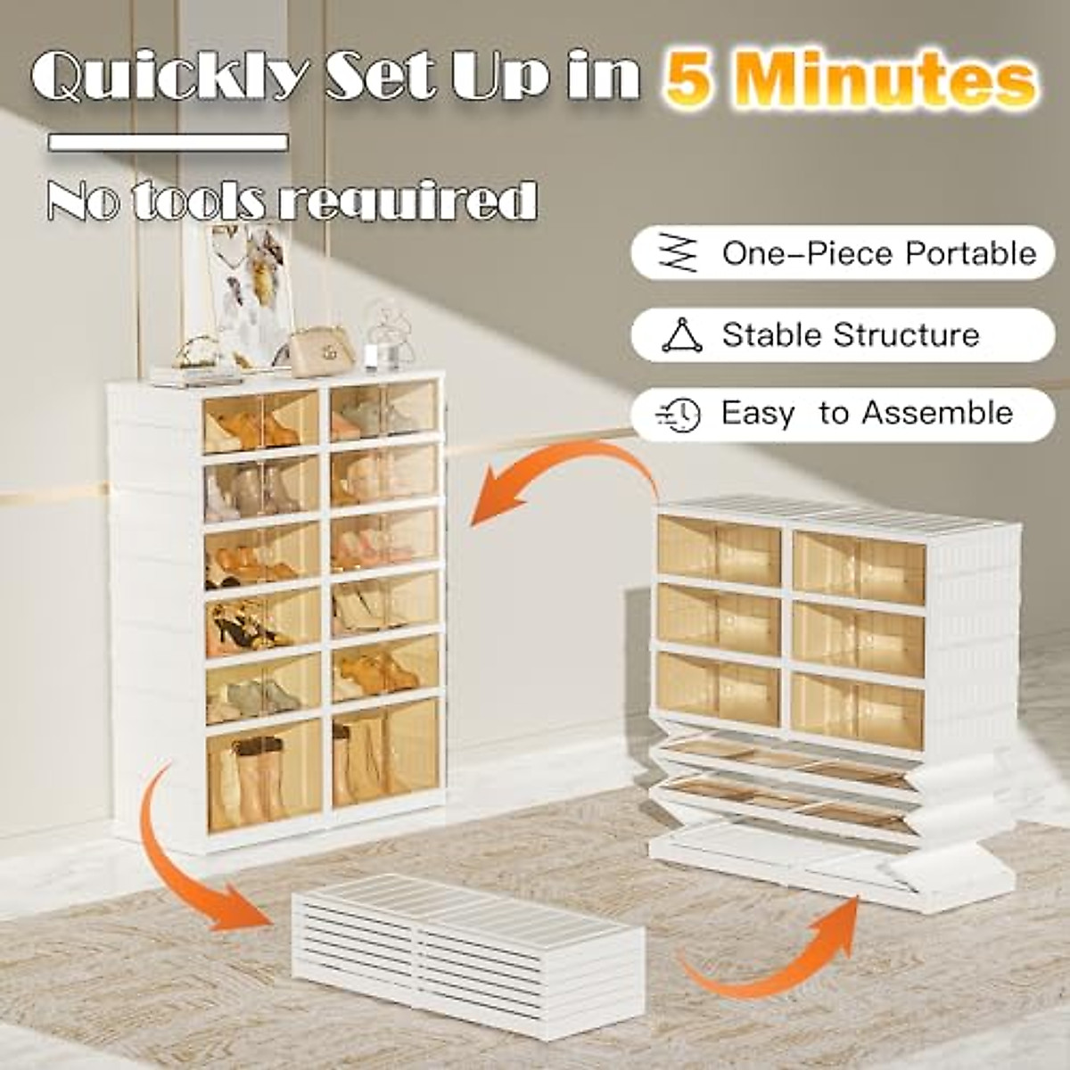 YIFOR 6-Tier Portable Shoe Rack Organizer for Closet, 24 Pairs Shoe Container Bins, Clear Plastic Collapsible Shoes Storage Box, Stackable Sneaker Storage Shoe Cabinet with Door