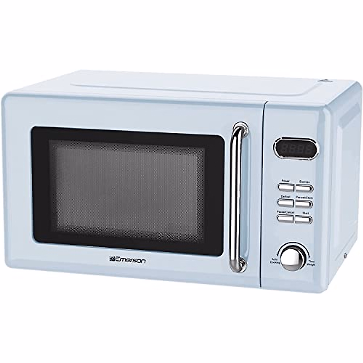 Emerson .7 Cu Ft Retro Digital Microwave Oven, 700W with 5 Micro Power Levels, 8 Pre-Programmed Settings, Express & Defrost, Chrome Handle & Control Buttons, Timer & LED Display, Retro Blue