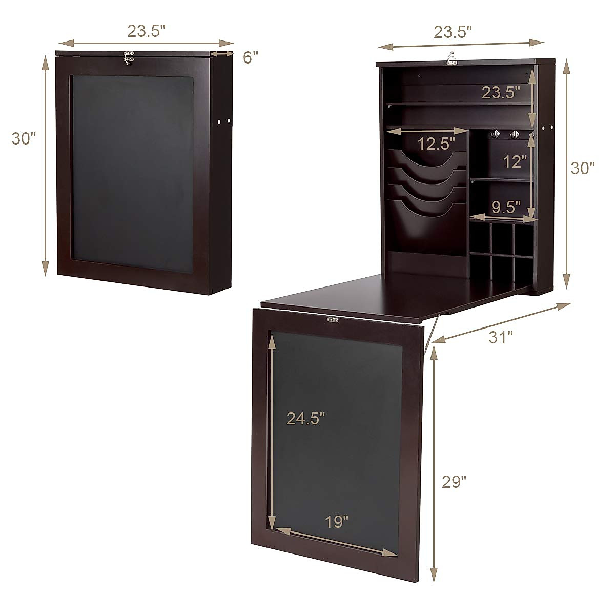 Tangkula Wall Mounted Desk, Floating Desk with Chalkboard, Space Saving Fold Up Wall Convertible Desk, Multi-Function Wall Mounted Table with Storage Shelves & Hooks（No Assembly Required）