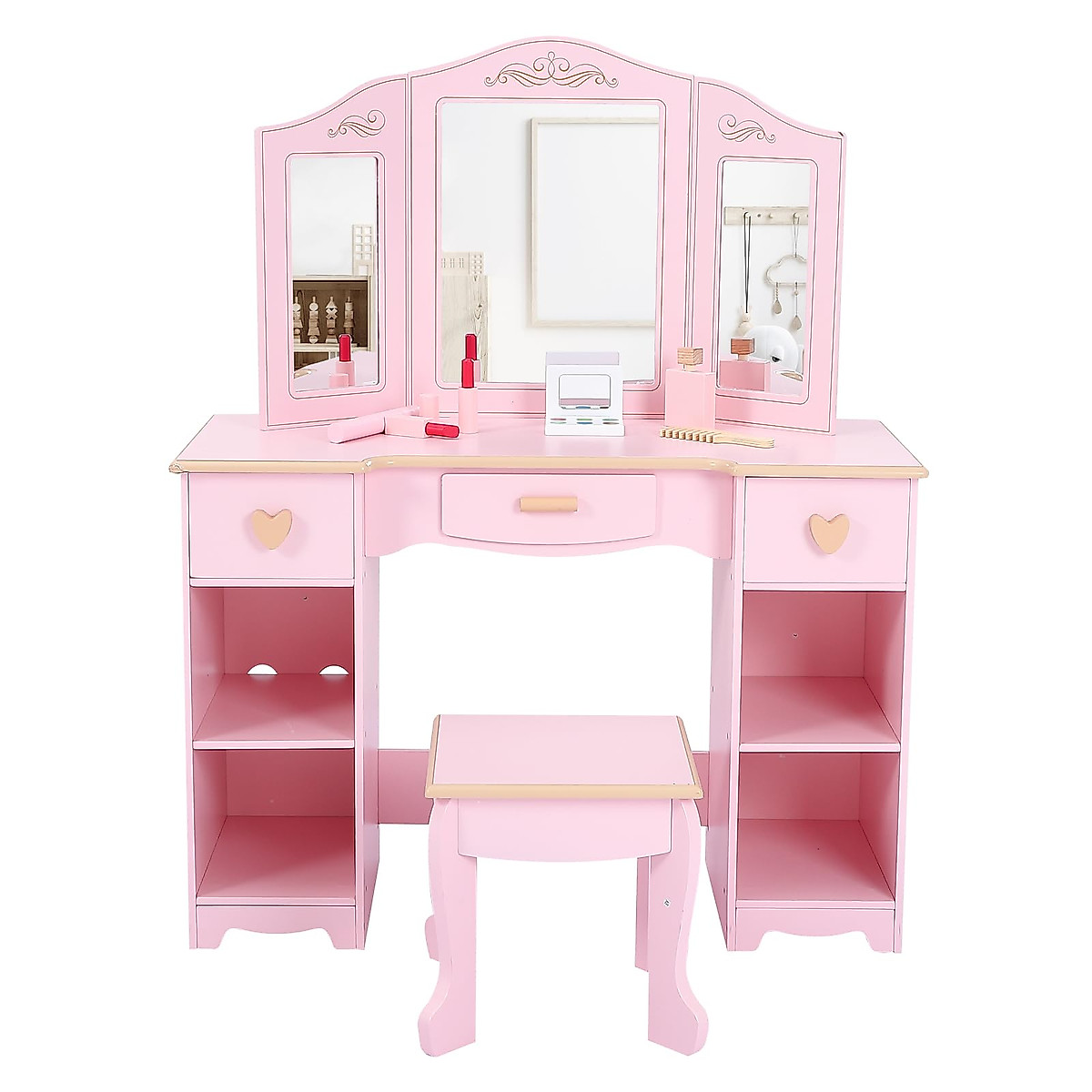 GarveeHome Kids Vanity, Pretend Play Vanity Set with Stool and Tri-Fold Mirror, Little Girl Makeup Desk, Toddler Dressing Table with Storage Drawers and Open Shelves for Girls 3+, Pink