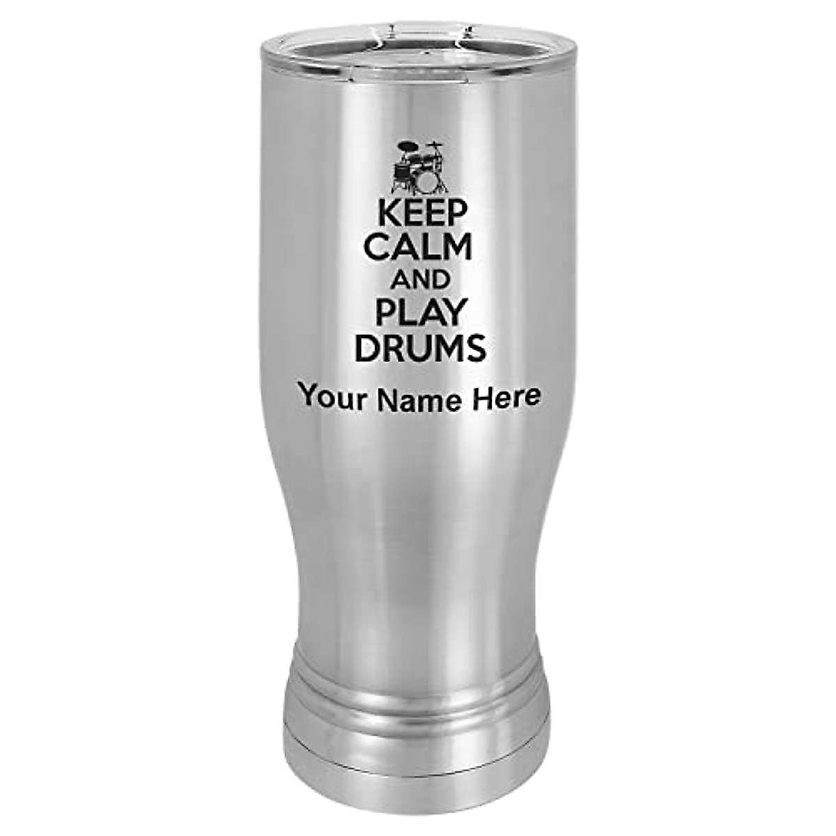 LaserGram 14oz Vacuum Insulated Pilsner Mug, Keep Calm and Play Drums, Personalized Engraving Included (Stainless Steel)