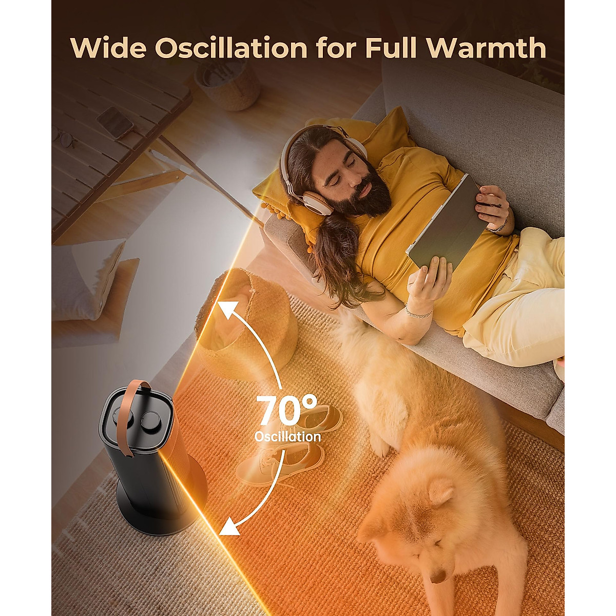 Space Heater, 12ft/s Electric Heater with Thermostat, 18 Inch Portable Heater with 70°Oscillation, Overheating & Tip-Over Protection, Fast Safety Heat for Home, Bedroom