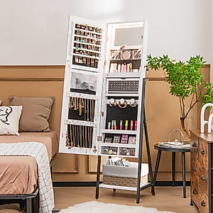 CHARMAID LED Strip Jewelry Armoire with 47.2" H Full Length Mirror, Lockable Jewelry Cabinet Organizer with 3-Color Lights, 3 Brush Boxes, 2 Drawers, Bottom Storage Shelf, Metal Frame (White)